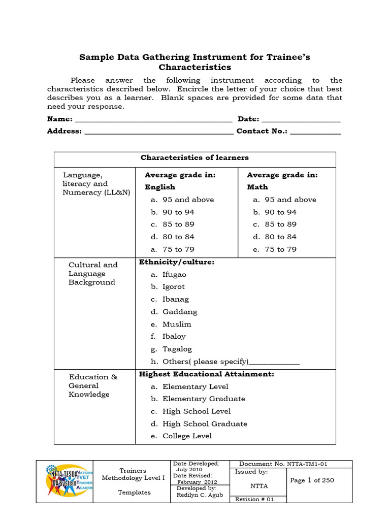 Sample Data Gathering Instrument For Trainee - Final | PDF | Learning ...