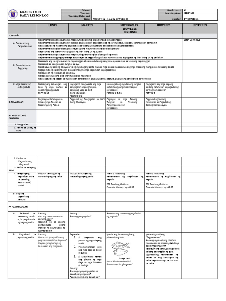 DLL Filipino 6 q1 w3 | PDF