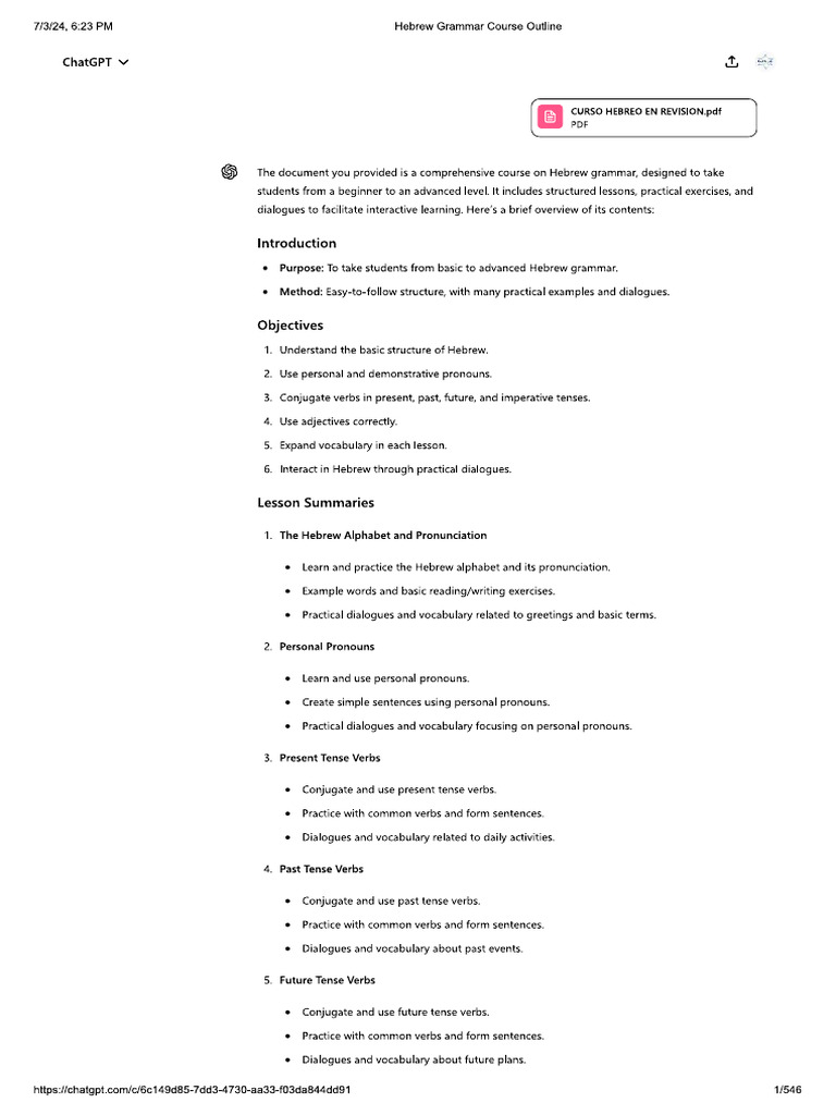 Hebrew Grammar Course Outline | PDF