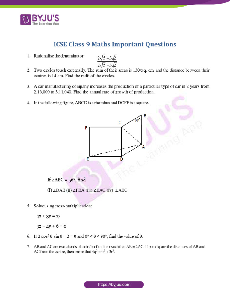 ICSE Class 9 Maths Important Questions | PDF | Elementary Geometry ...
