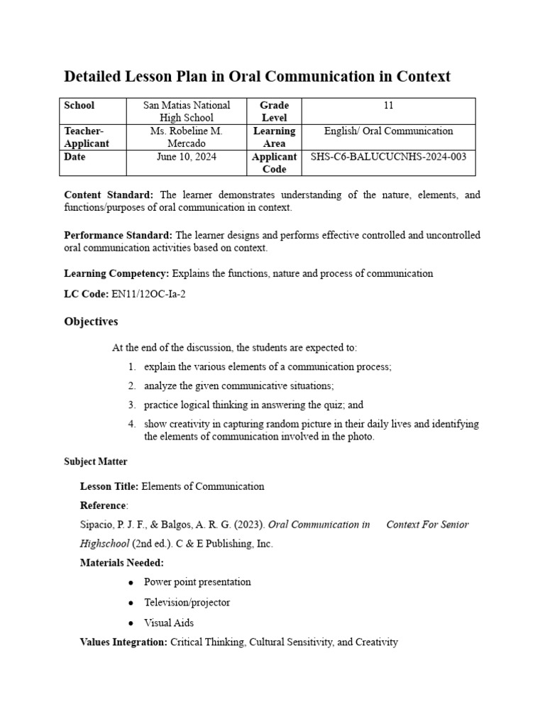 Detailed Lesson Plan in Oral Communication in Context (AutoRecovered ...