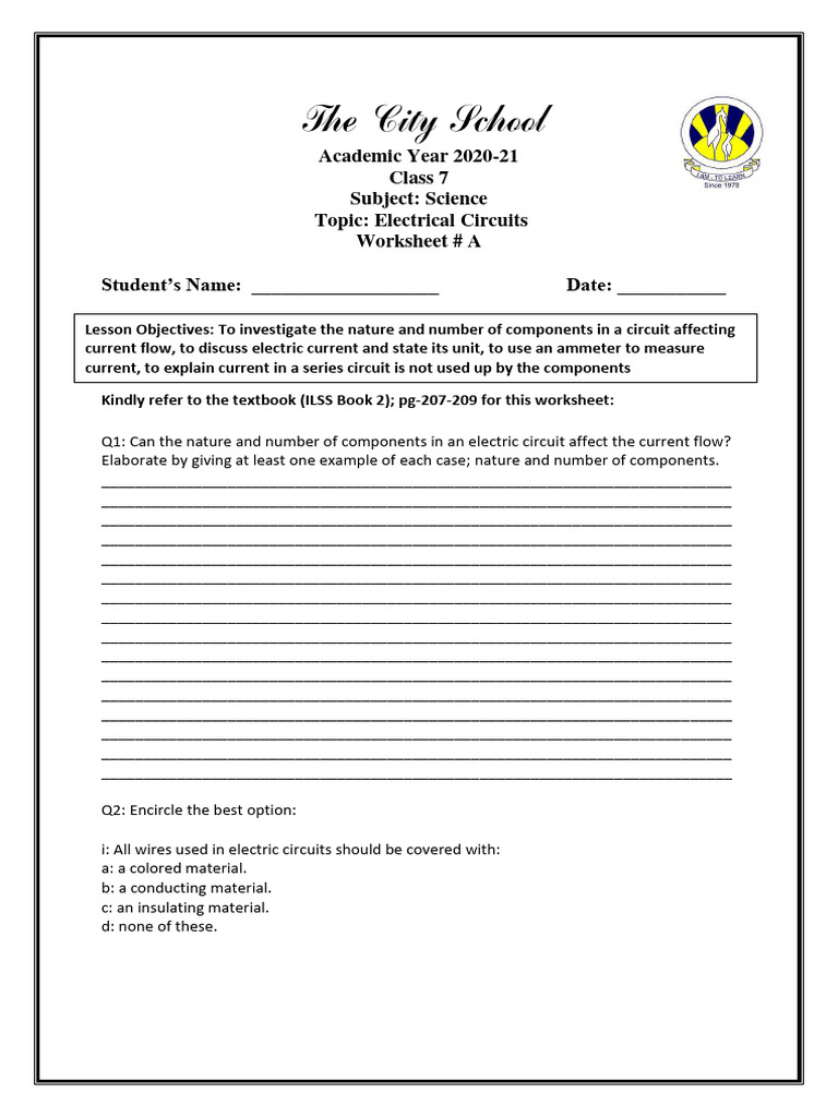 Class 7 Electrical Circuits Worksheet | PDF | Series And Parallel ...