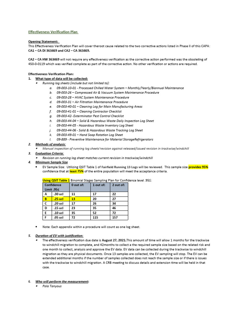 Effectiveness Verification Plan - CAPA 363469 | PDF