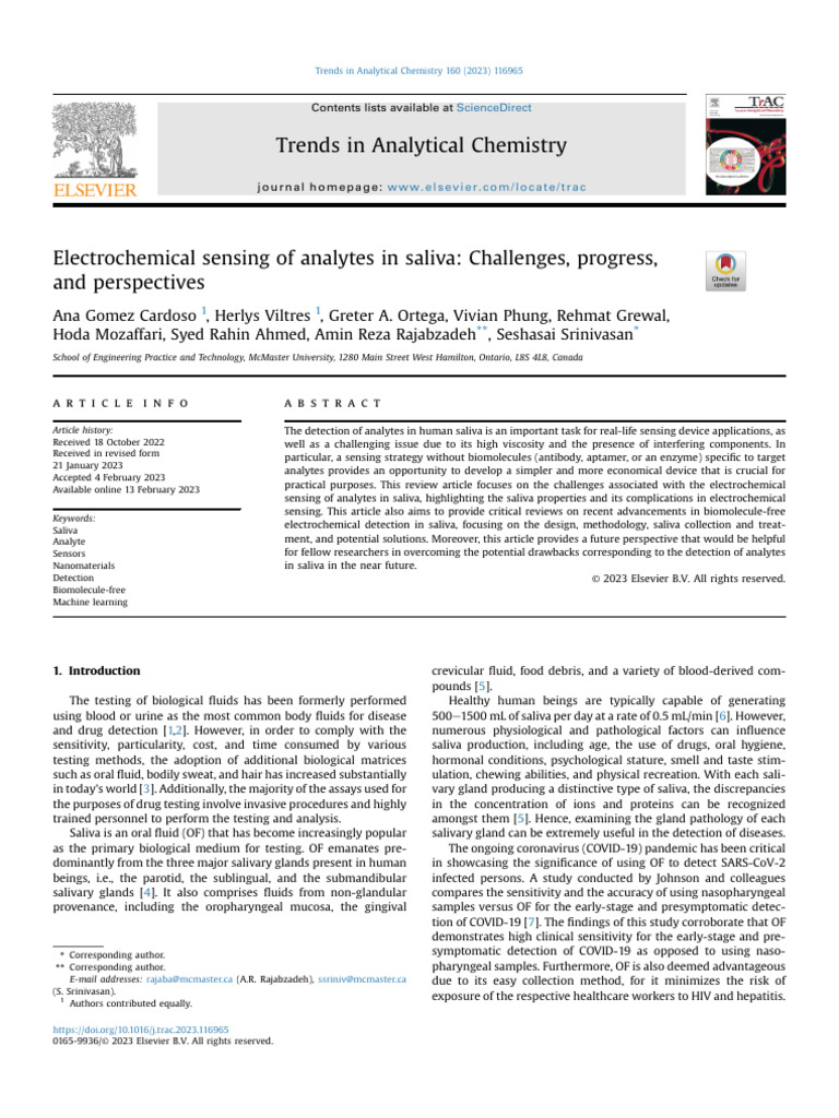 Electrochemical Sensing of Analytes in Saliva: Challenges, Progress ...