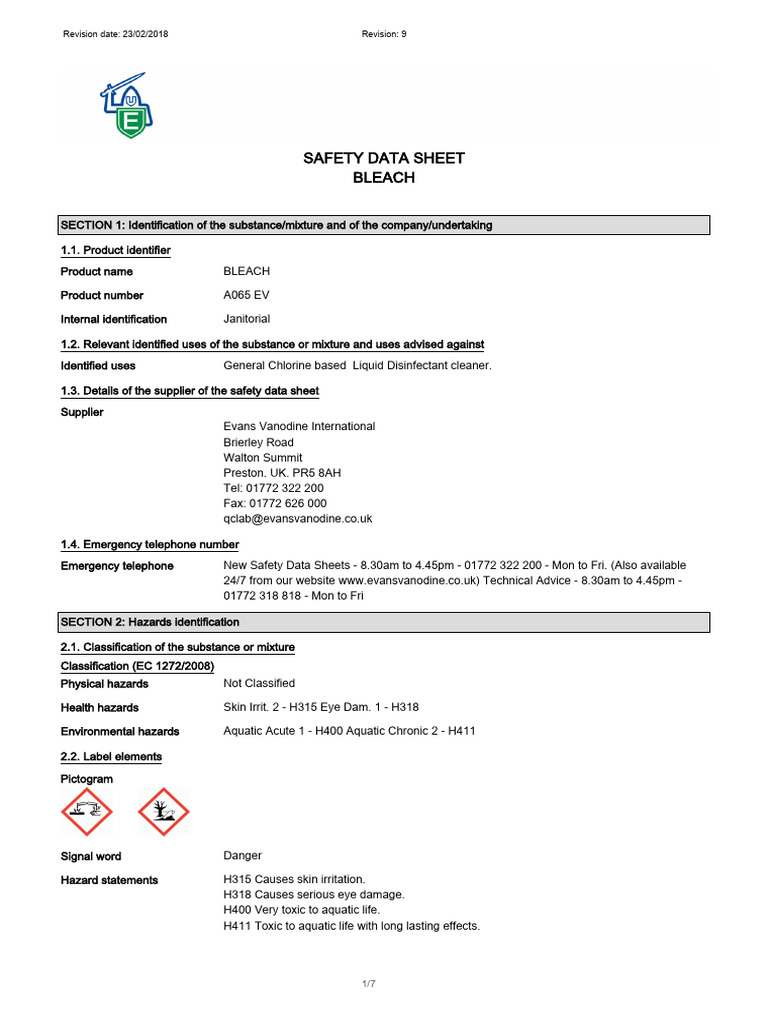 Msds For Bleach, Chemicals | PDF | Toxicity | Occupational Safety And ...