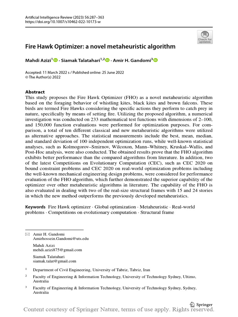 Fire Hawk Optimizer A Novel Metaheuristic Algorith | PDF | Metaheuristic | Mathematical Optimization