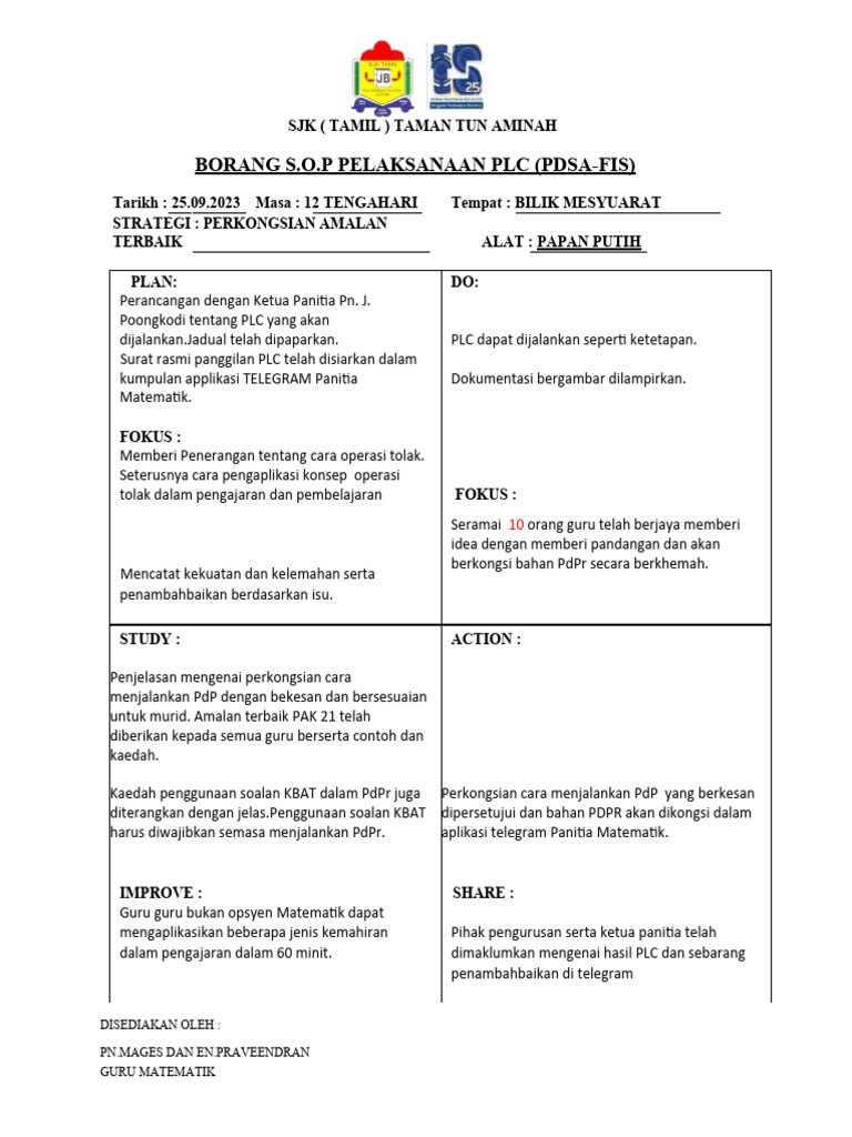 Laporan PLC Panitia Matematik | PDF
