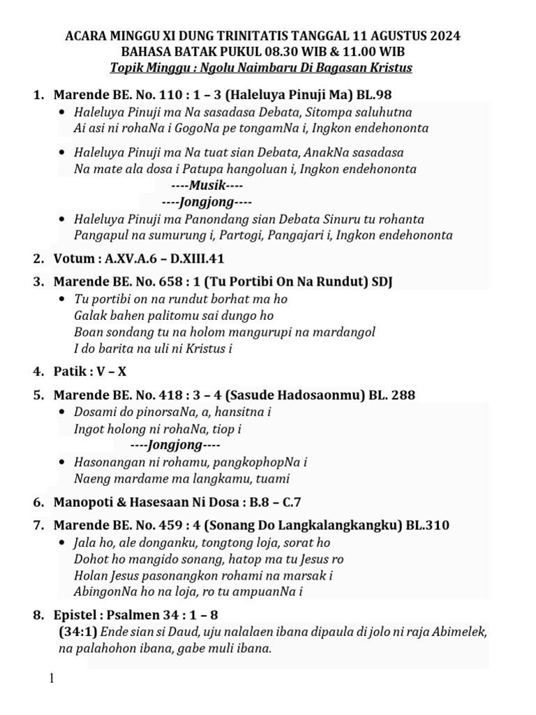 Acara Minggu 11 Agustus 2024 (Bhs. Batak) | PDF