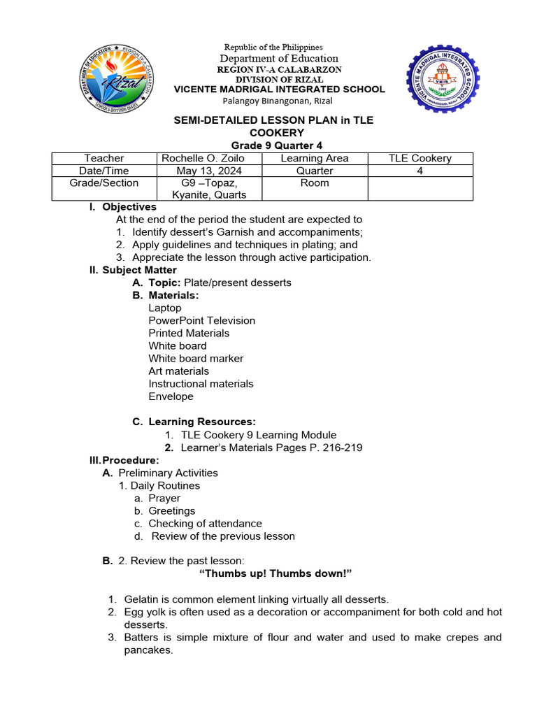 Lesson Plan Demo | PDF | Desserts | Custard