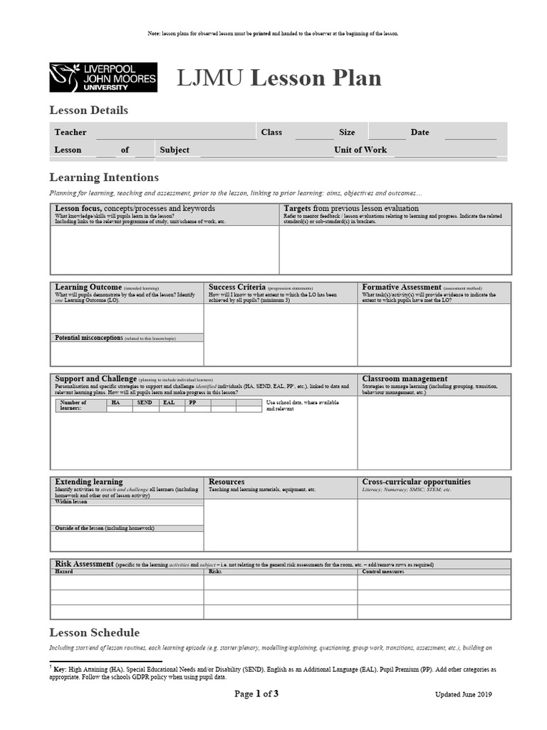 LJMU Lesson Plan | PDF | Learning | Mentorship