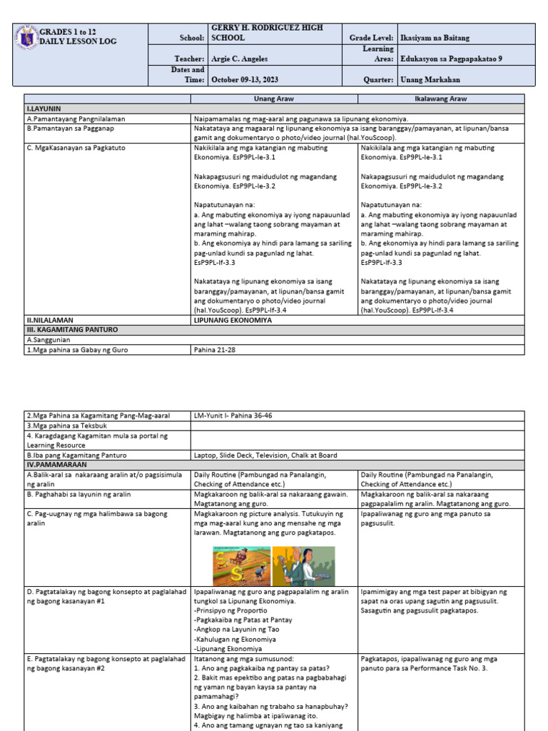 EsP9 DLL Q1 LipunangPang Ekonomiya | PDF