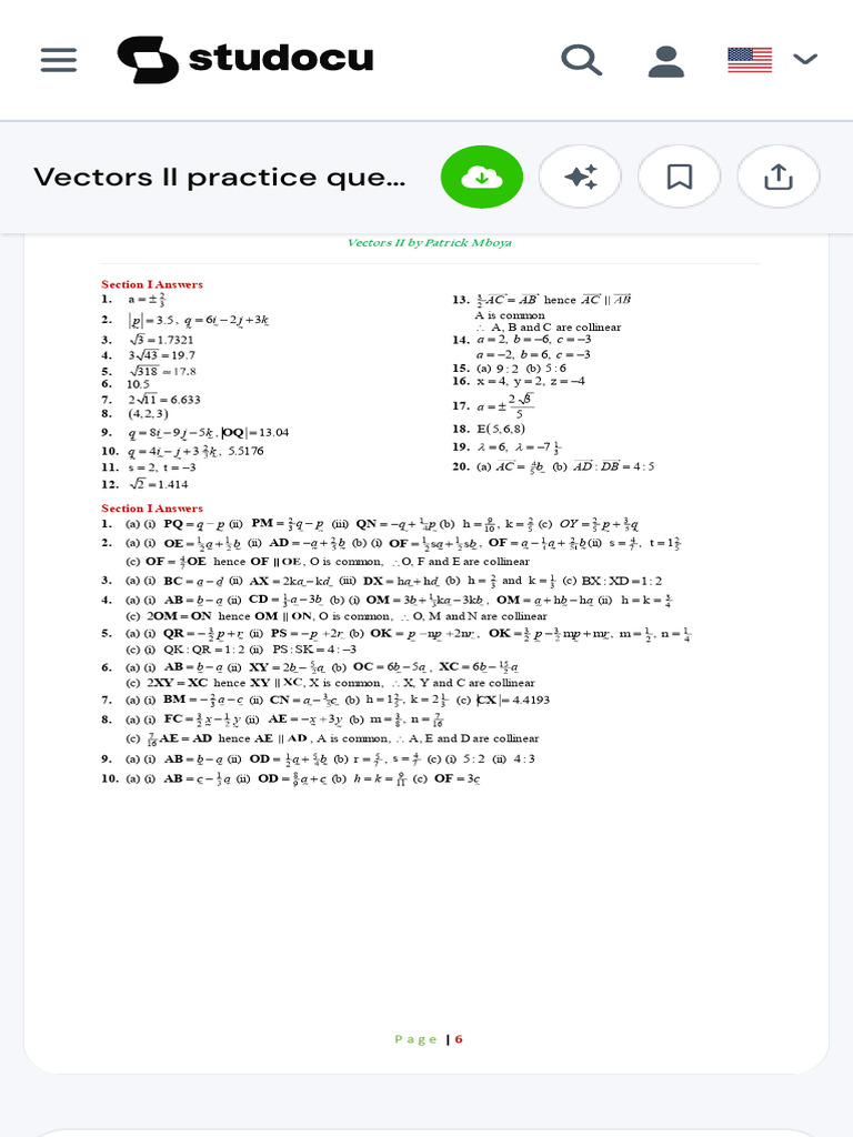 Vectors II Practice Questions and Answers. - MASE | PDF