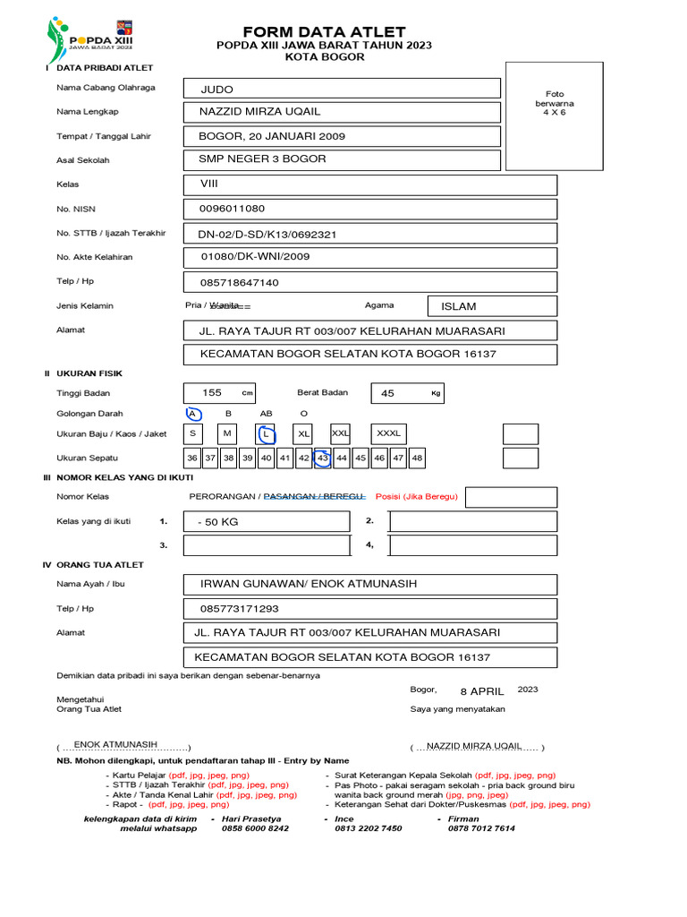 FORM - Isian Biodata Atlet | PDF