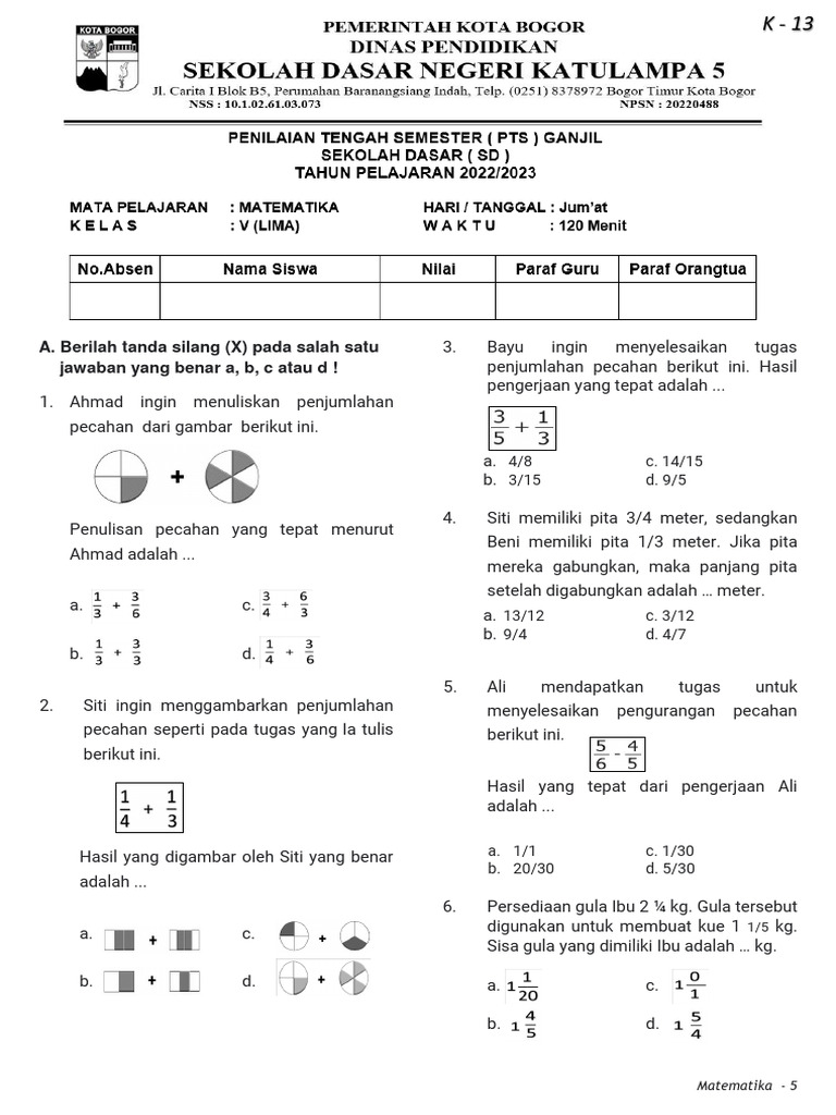 PTS Ganjil Matematika 5 2223 | PDF