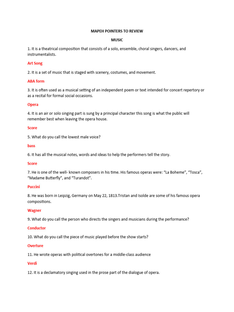 Mapeh Pointers To Review | PDF | Theatre | Opera