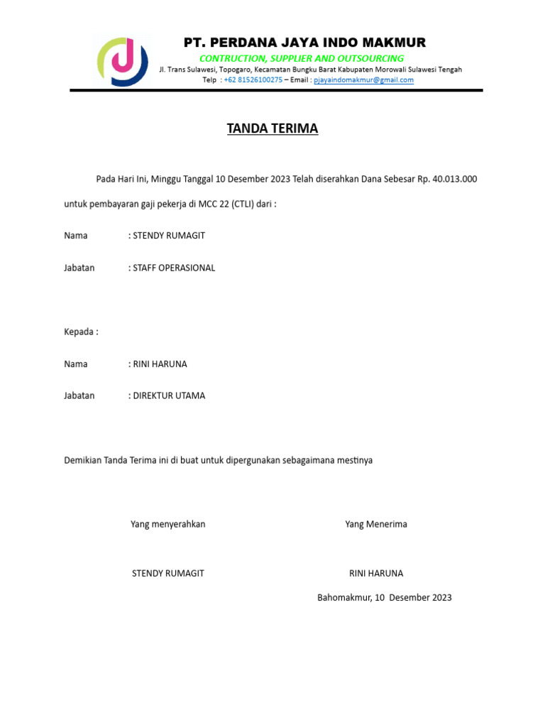 Surat Tanda Terima Dana Gaji Karyawan | PDF