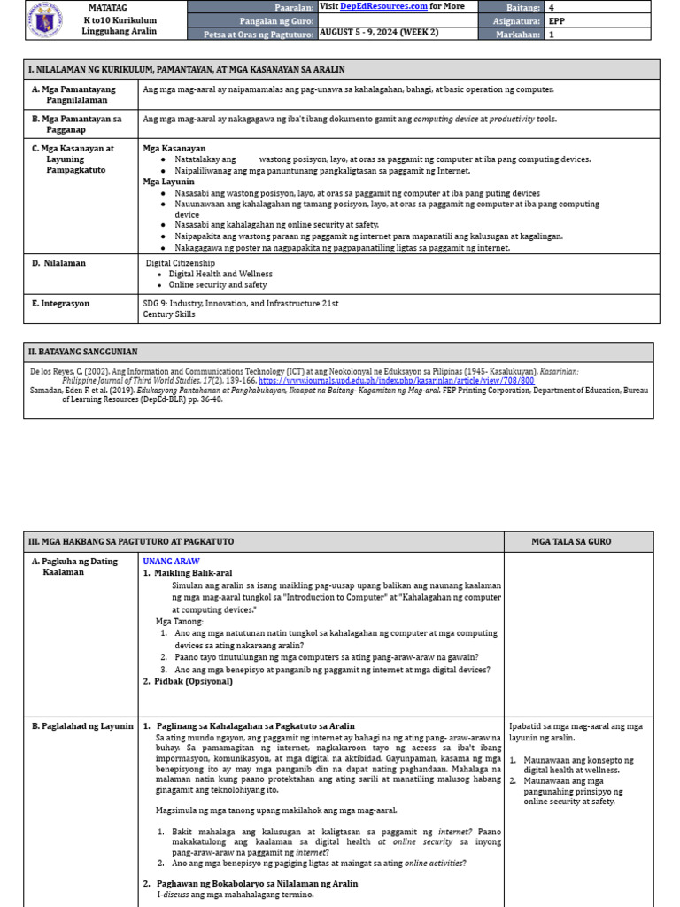 DLL Matatag - Epp 4 Q1 W2 | PDF