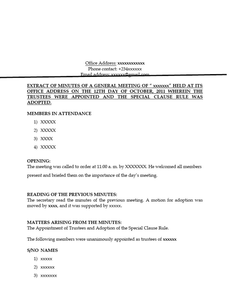 Minute of Meeting For Incorporated Trustee | PDF
