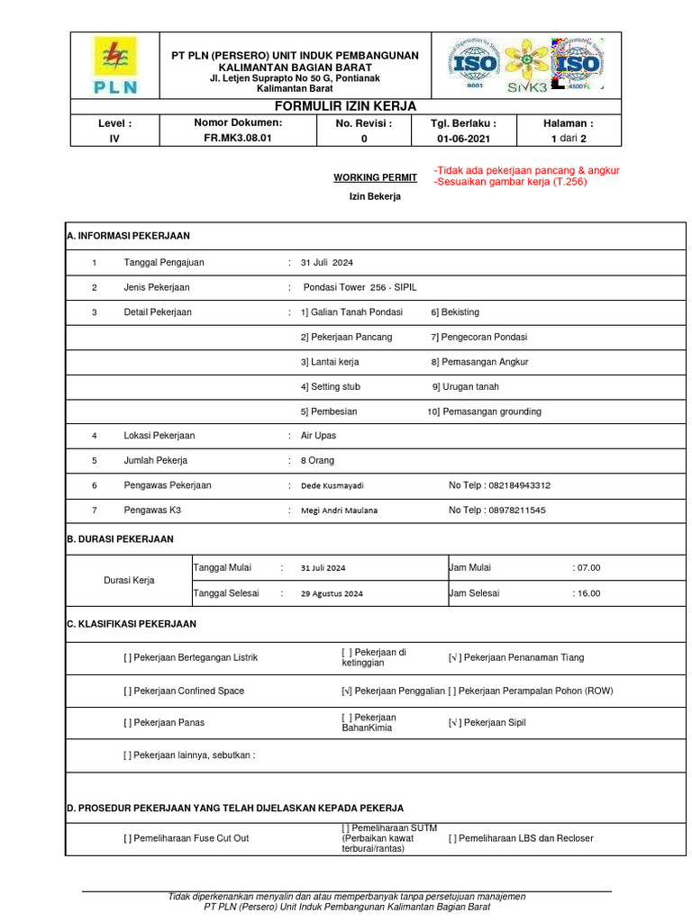 WP Pekerjaan Pondasi Tower 256 Marau-Sukamara Sec.1 TGL 31 Juli 2024-ttd | PDF