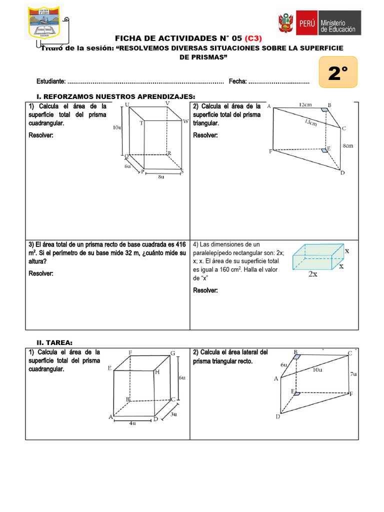 FICHA 1 - 2DO - EDA8 - Superficie-Prismas | PDF
