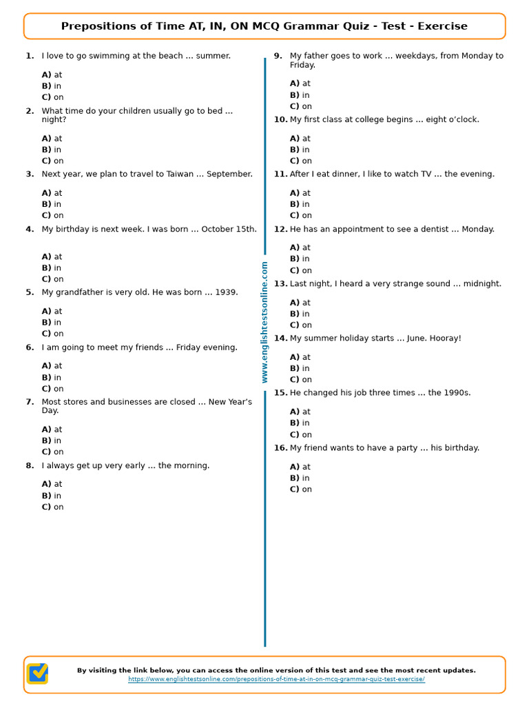 760 Prepositions of Time at in On MCQ Grammar Quiz Test Exercise | PDF ...