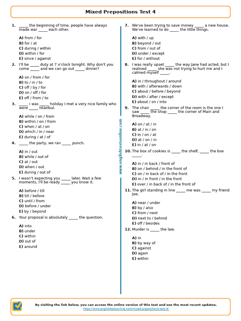 1809 Mixed Prepositions Test 4 | PDF