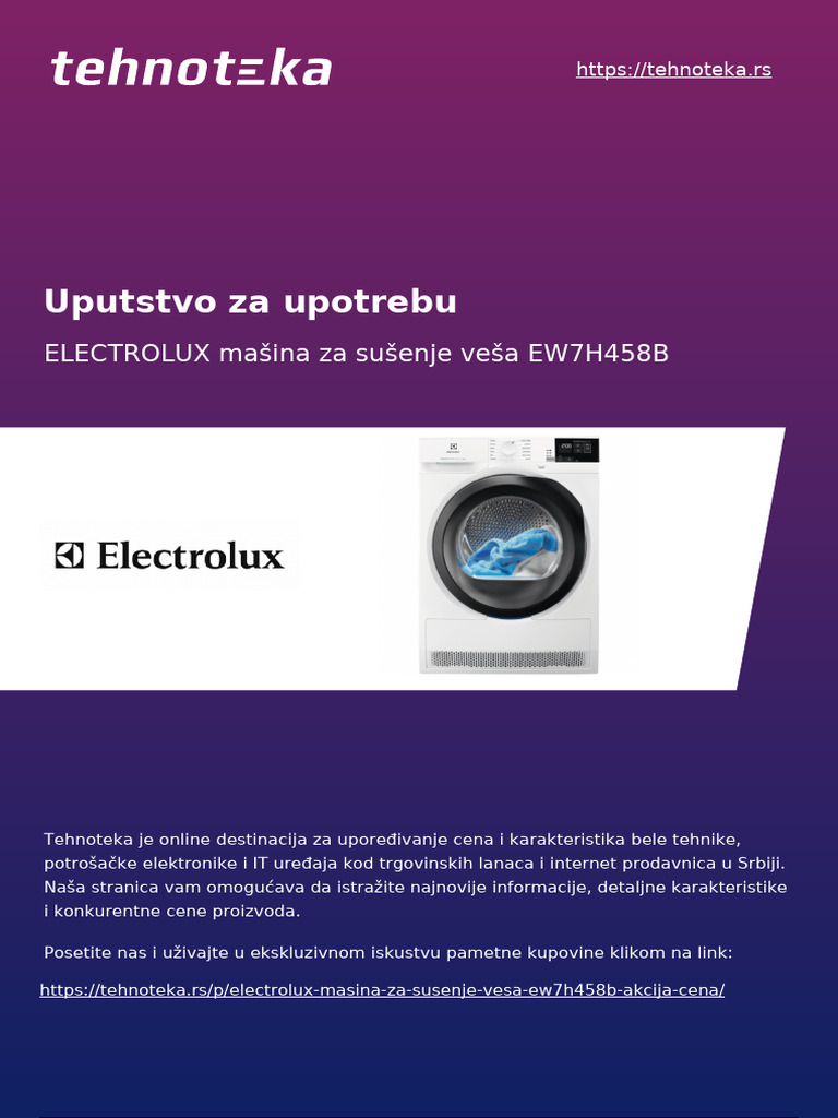 Uputstvo Za Upotrebu Electrolux Masina Za Susenje Vesa Ew7h458b ...