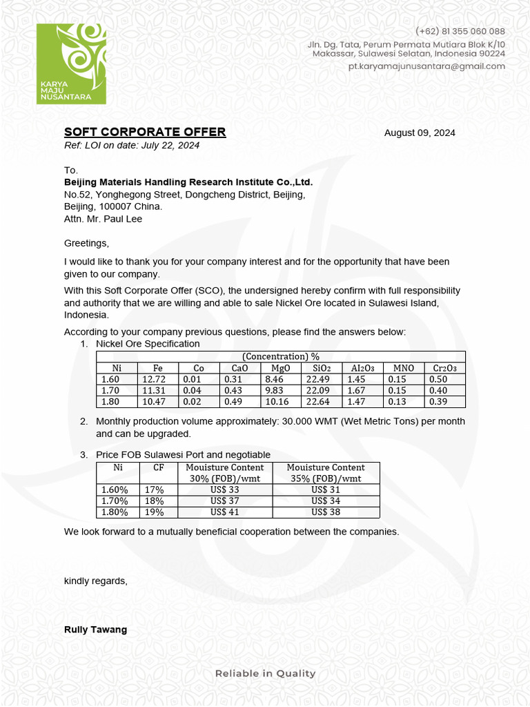 Soft Corporate Offer: Ref: LOI On Date: July 22, 2024 | PDF
