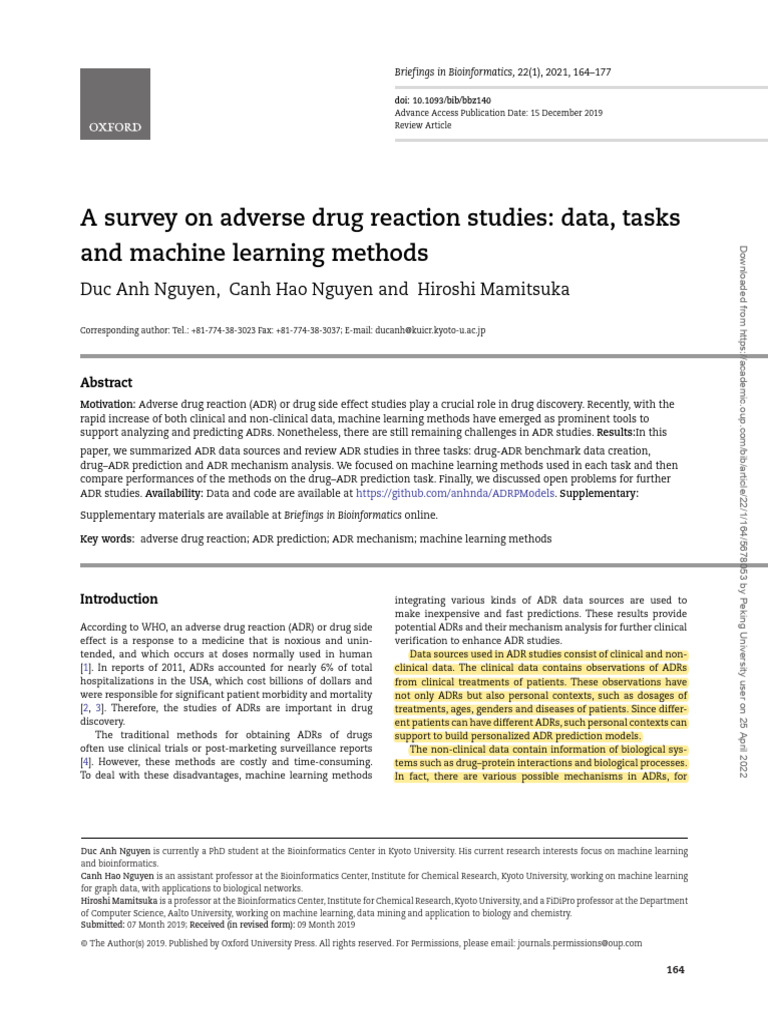 A Survey On Adverse Drug Reaction Studies Data, Tasks and Machine Learning Methods | PDF ...