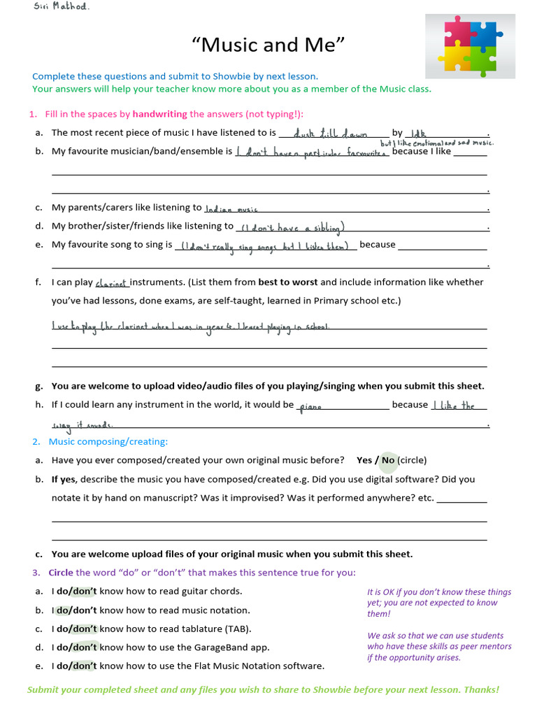 Music and Me Worksheet Submission | PDF | Musicology | Performing Arts