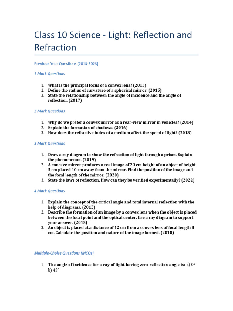 Class 10 Science Light Reflection Refraction Previous Year Questions ...