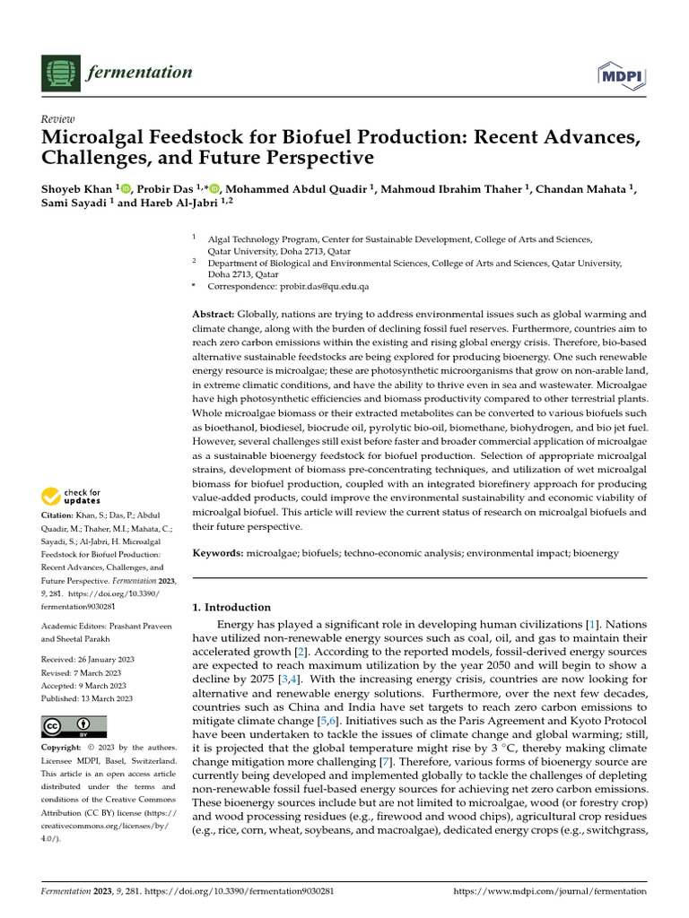 Microalgal Feedstock For Biofuel Production Recent Advances and Future ...