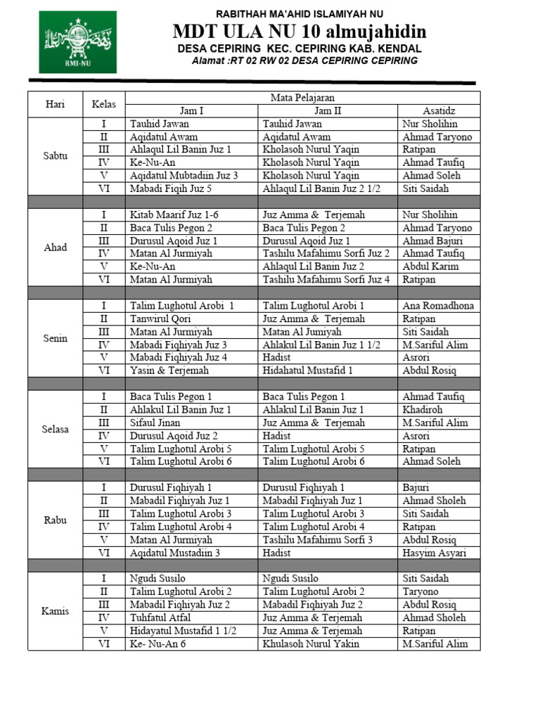 Jadwal Pelajaran MDT Ula NU 10 Almujahidin | PDF
