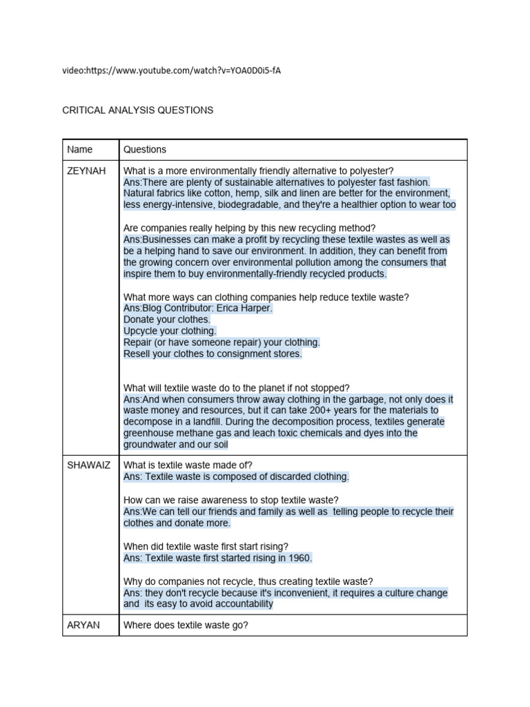 Critical Analysis Questions | PDF | Waste | Textiles