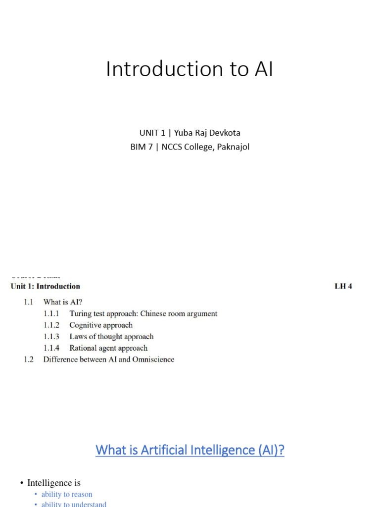 Artificial Intelligence - Unit 1 | PDF | Artificial Intelligence | Intelligence (AI) & Semantics