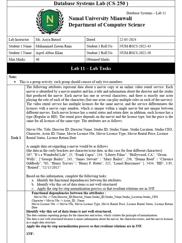 DB Lab 11 (NUM-BSCS-2022-38, NUM-BSCS-2022-43) | PDF
