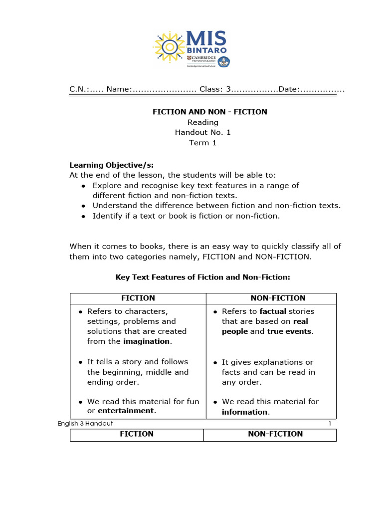 Handout 1 - Features of Fiction and Non-Fiction | PDF | Non Fiction