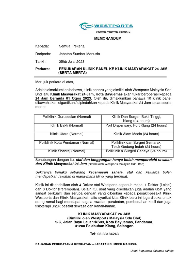 Memo - Penukaran Klinik Panel Ke KM24J | PDF