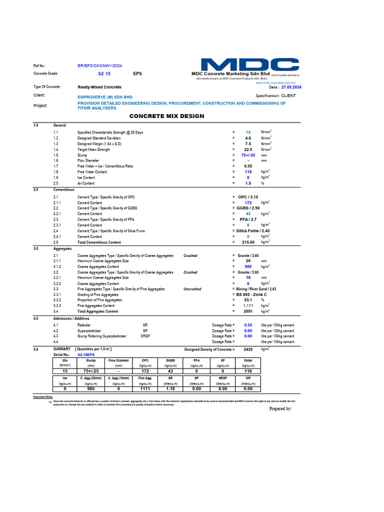 MDC Concrete Mix Design Specifications | PDF | Concrete | Construction ...
