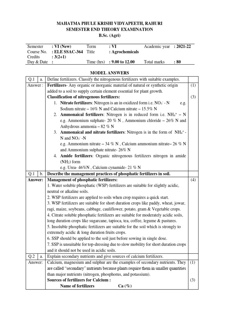 ELE SSAC 364 Model Answer 2021-22 | PDF | Fertilizer | Plant Nutrition