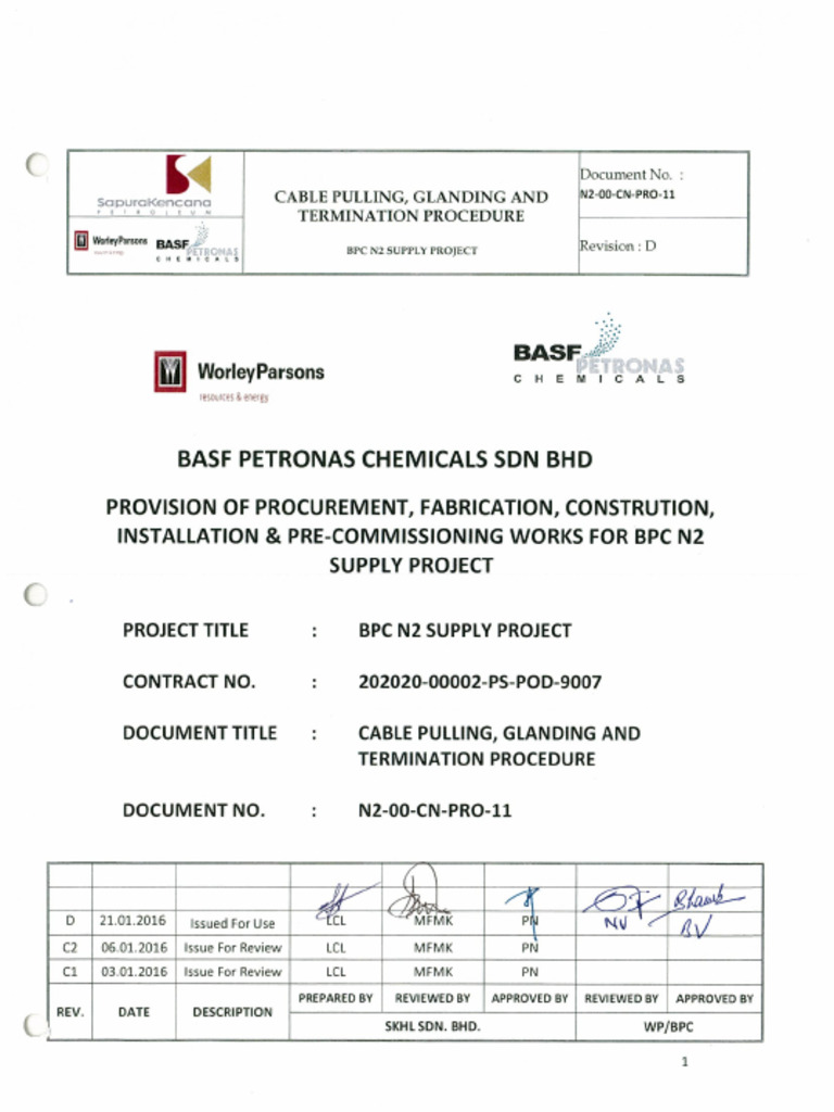 SK Basf Cable Pulling, Glanding & Termination Procedure | PDF