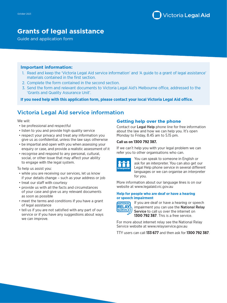 Vla Application For Grants of Legal Assistance Guide and Application ...
