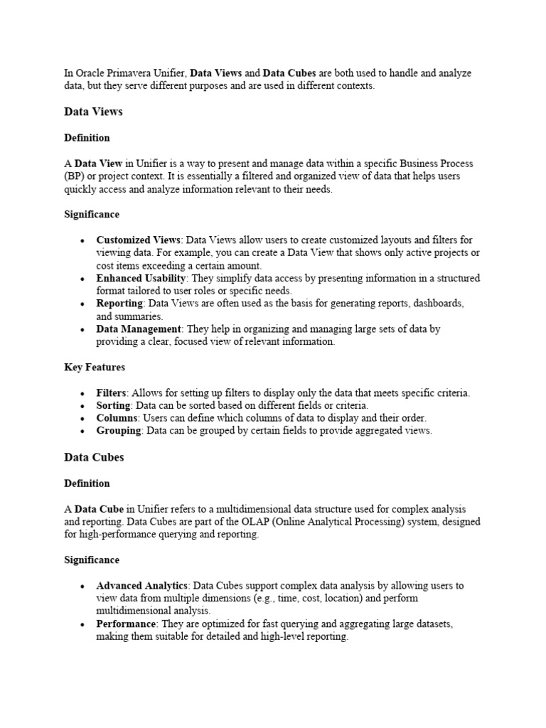 Data Views vs. Data Cubes in Unifier | PDF | Data Management | Computing