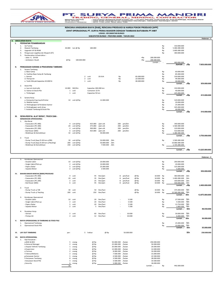 Bentuk Umum RAB Tambang PDF | PDF