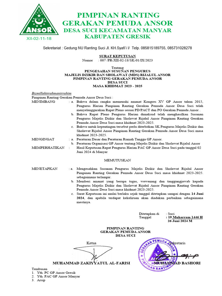 Contoh SK Rijalul Ansor PR | PDF