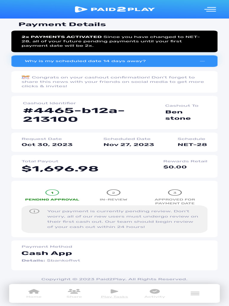 Payment Details (#213100) Paid2Play | PDF