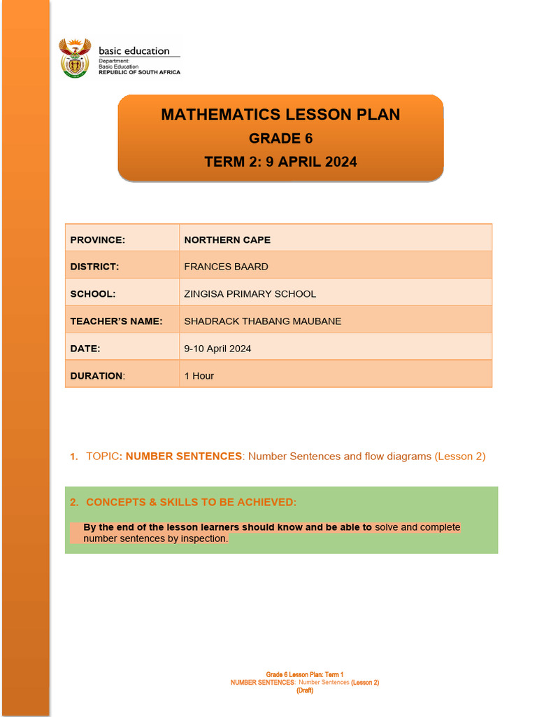 Grade 6 Term 2 NUMBER SENTENCES Lesson 2.1 | PDF | Learning | Lesson Plan