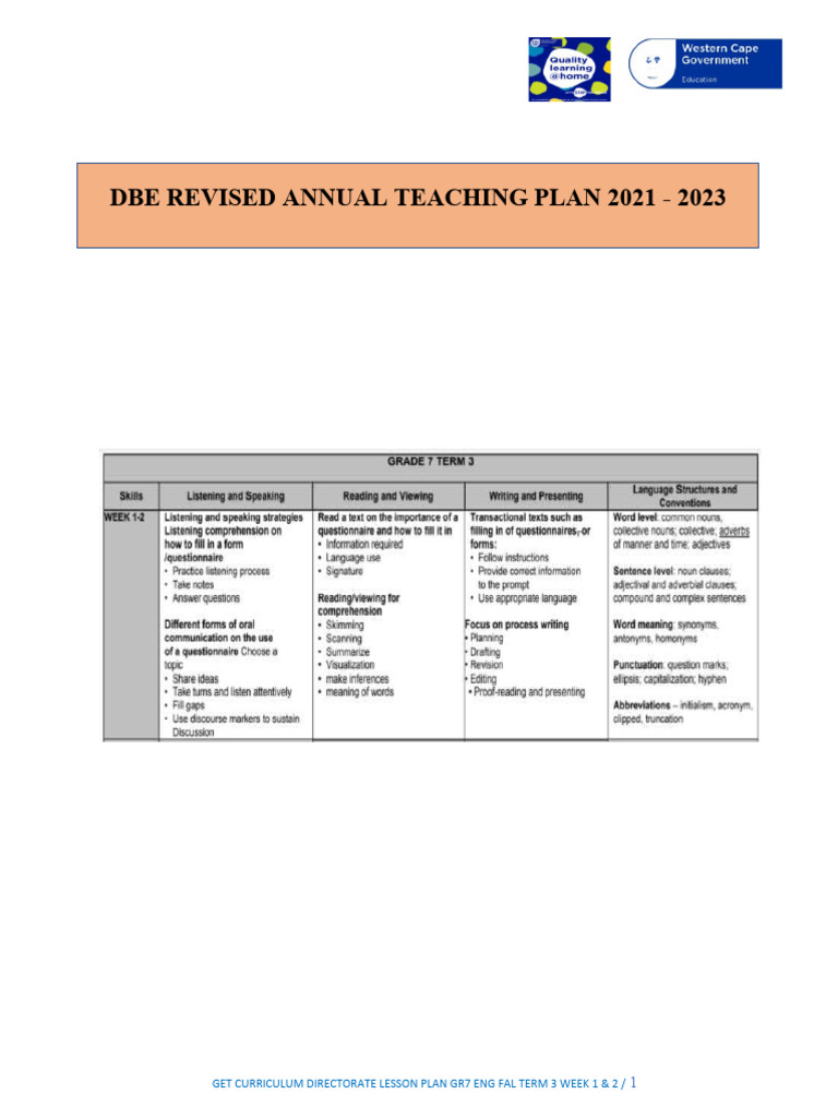 Grade 7 English FAL Term 3 Lesson Plan | PDF | Reading Comprehension ...