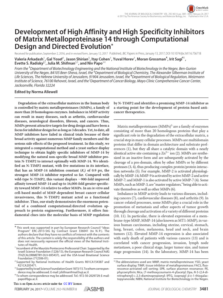 Development of High Affinity and High Specificity Inhibitors of Matrix Metalloproteinase 14 ...