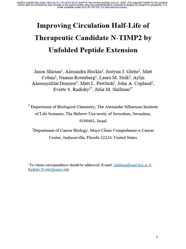 Improving Circulation Half-Life of Therapeutic Candidate N-TIMP2 by ...